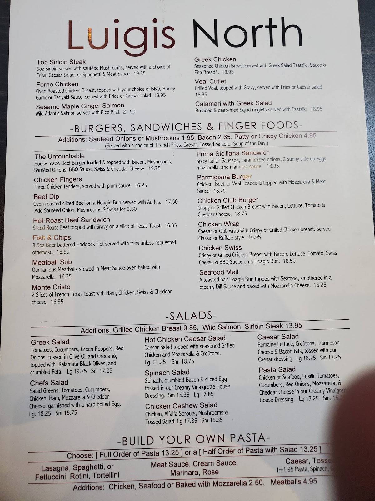 Menu at Luigis North steakhouse, Lethbridge