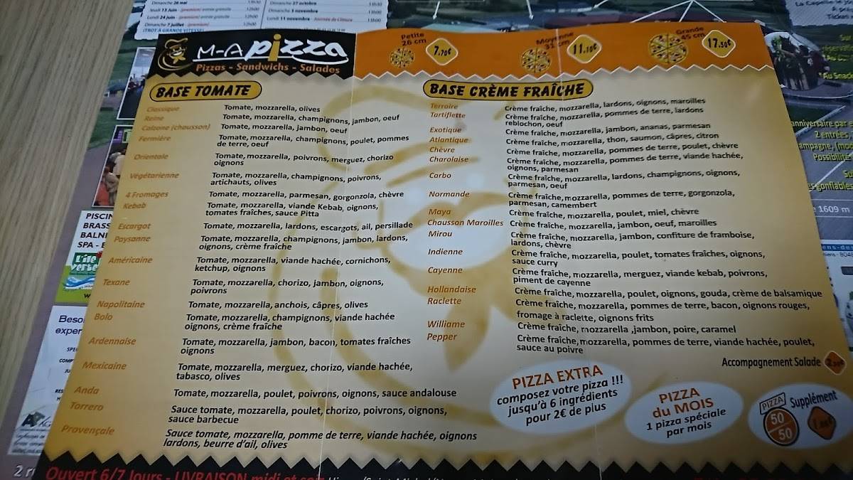 Menu at MA Pizza restaurant, Hirson