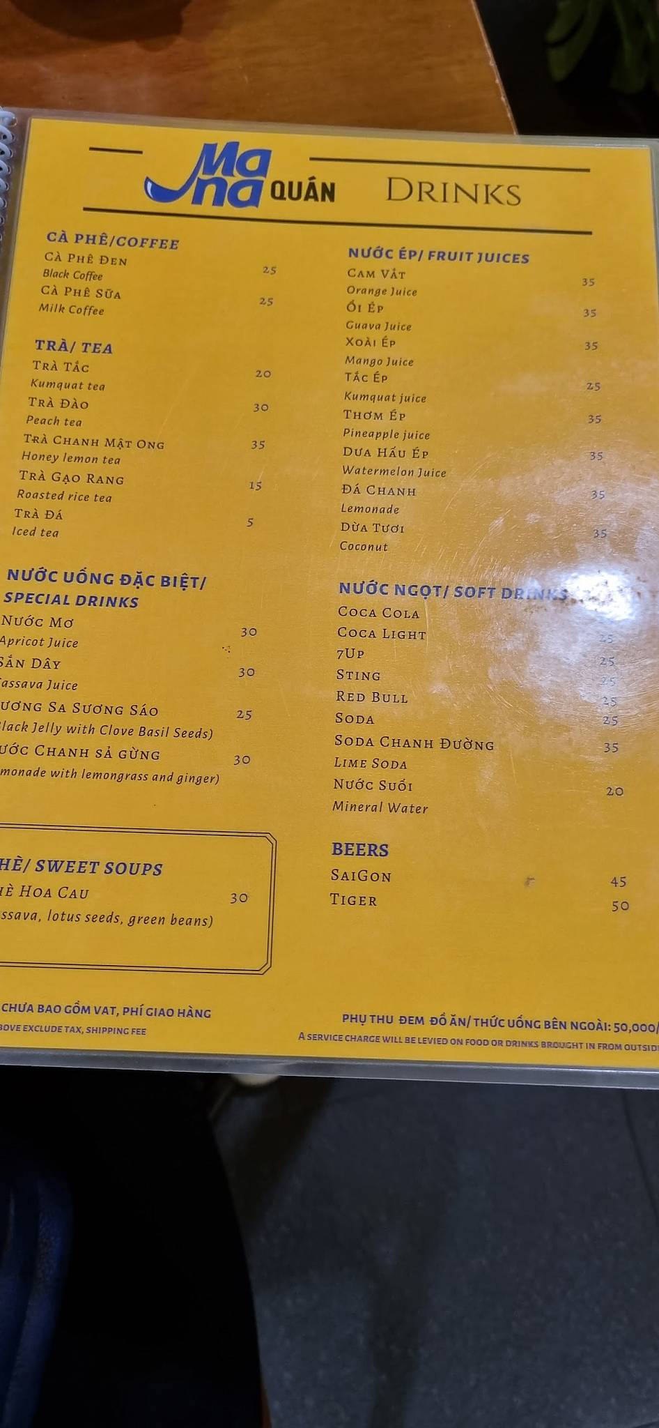 Menu at MANA Station restaurant, Ho Chi Minh City
