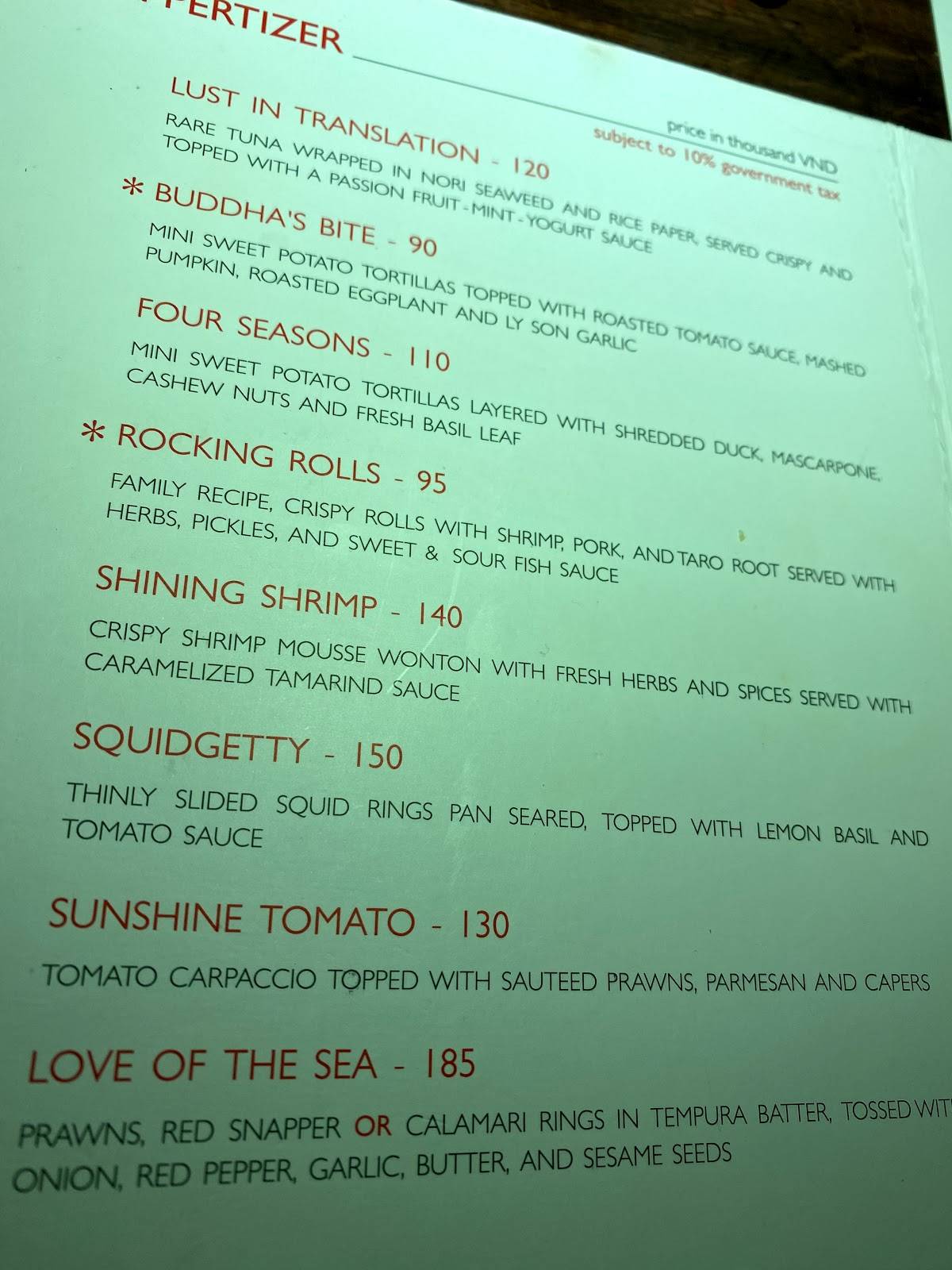 Menu at MANGO MANGO restaurant, Hoi An