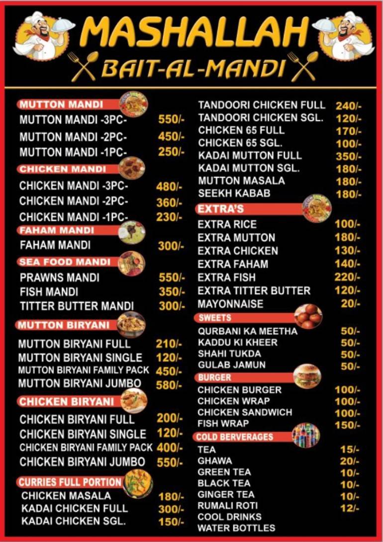 Menu at MASHALLAH BAIT AL MANDI, Hyderabad