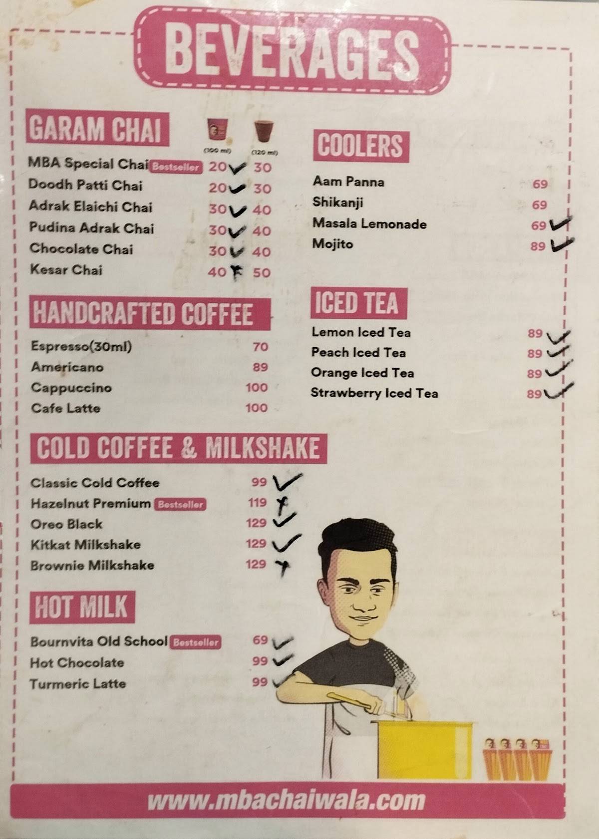 Menu at MBA ChaiWala, Gorakhpur