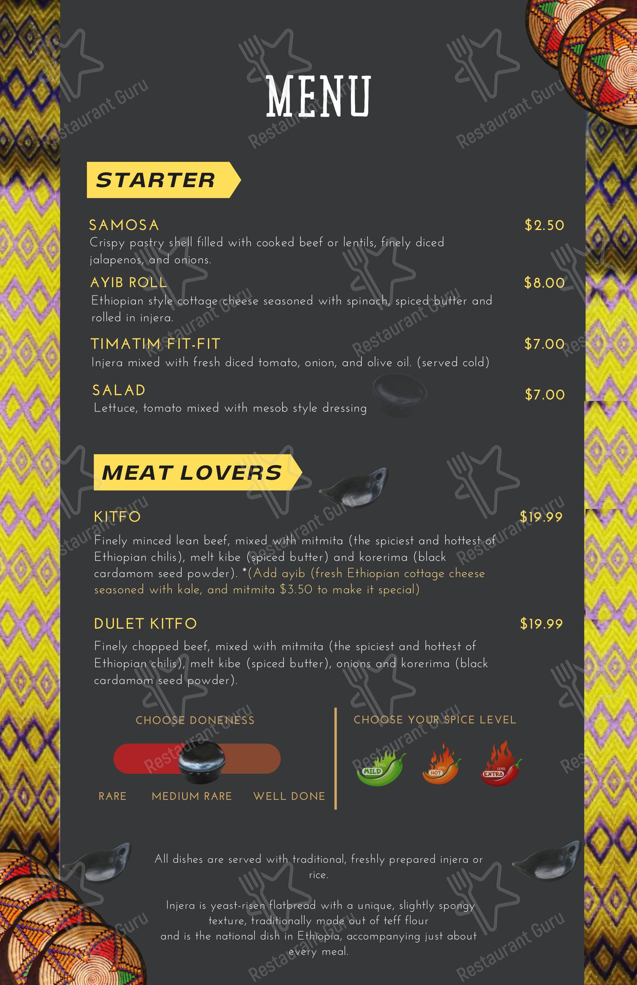 Menu at MESOB ETHIOPIAN EATS restaurant, Winnipeg
