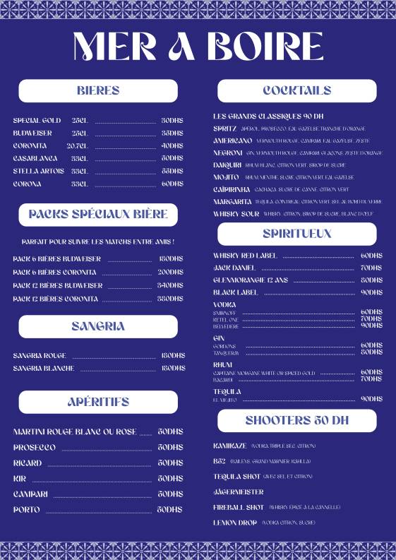 Menu au MER A BOIRE restaurant, Casablanca