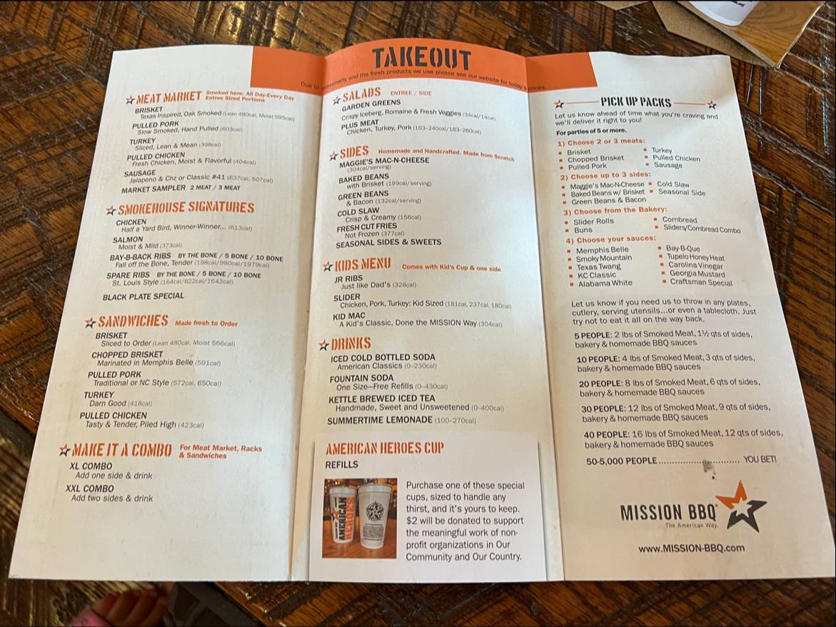 Menu at MISSION BBQ, Bradenton