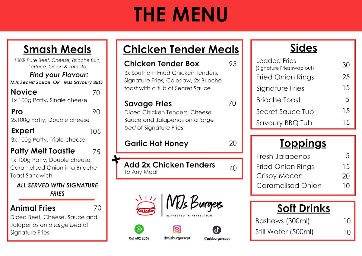 Menu at MJs Burgers restaurant, Cape Town