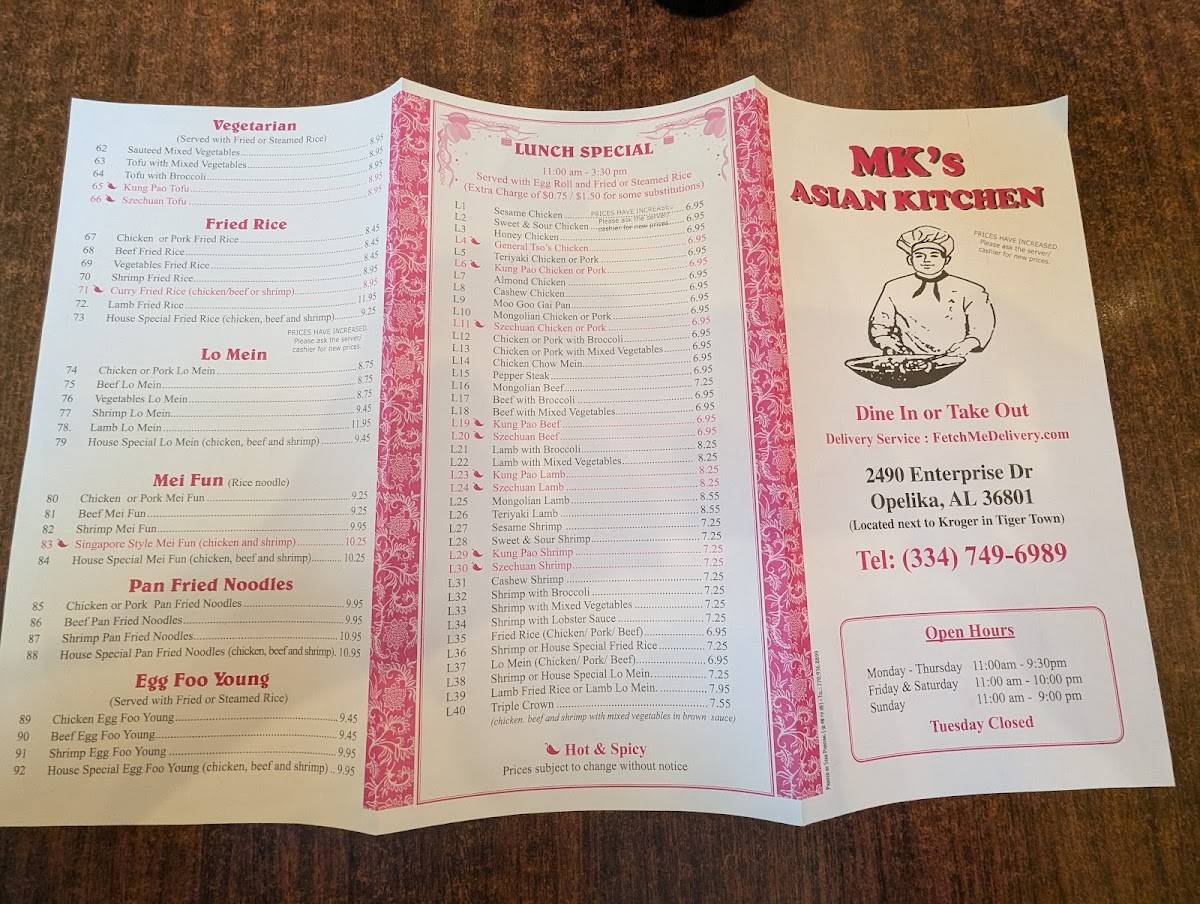 Menu at MK's Asian Kitchen restaurant, Opelika