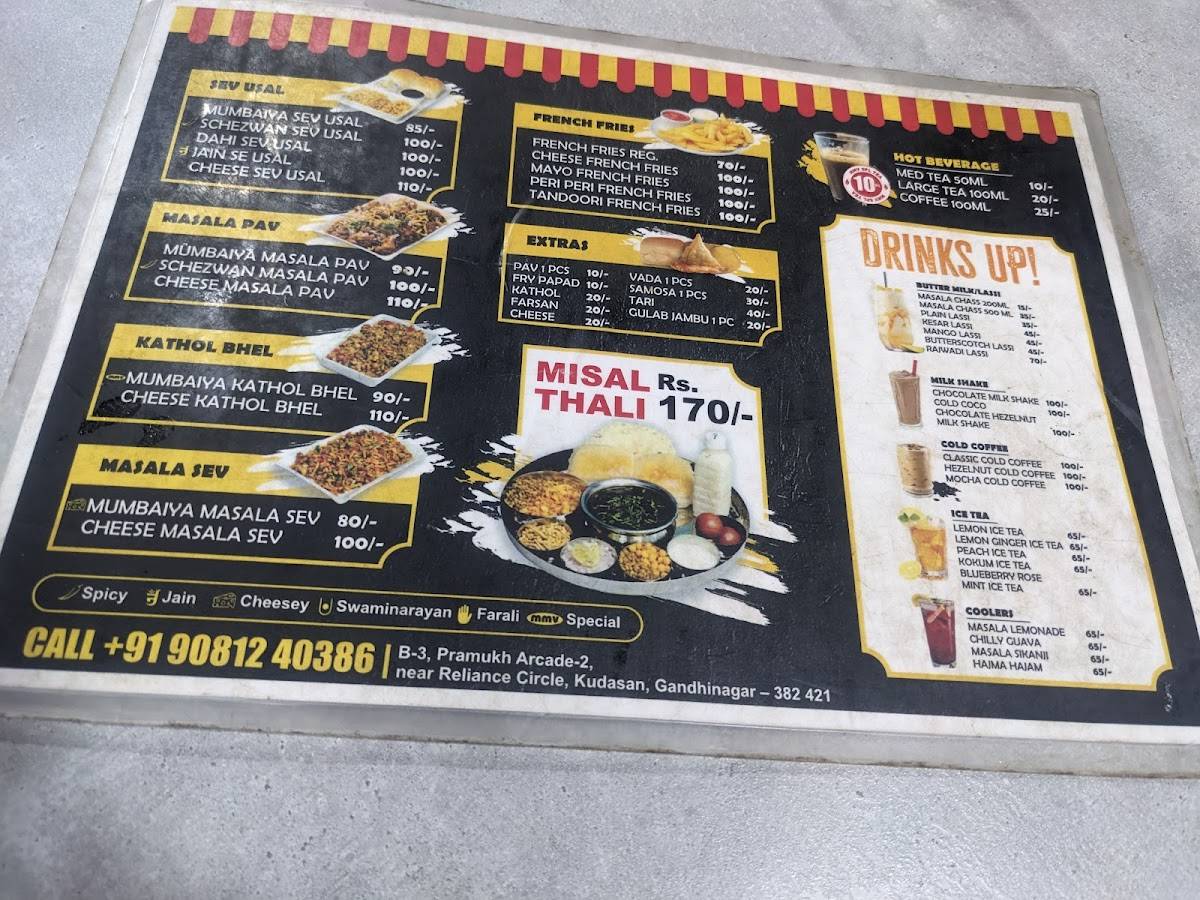 Menu at MMV Mumbaiya Misal and Vadapav Kudasan, Gandhinagar