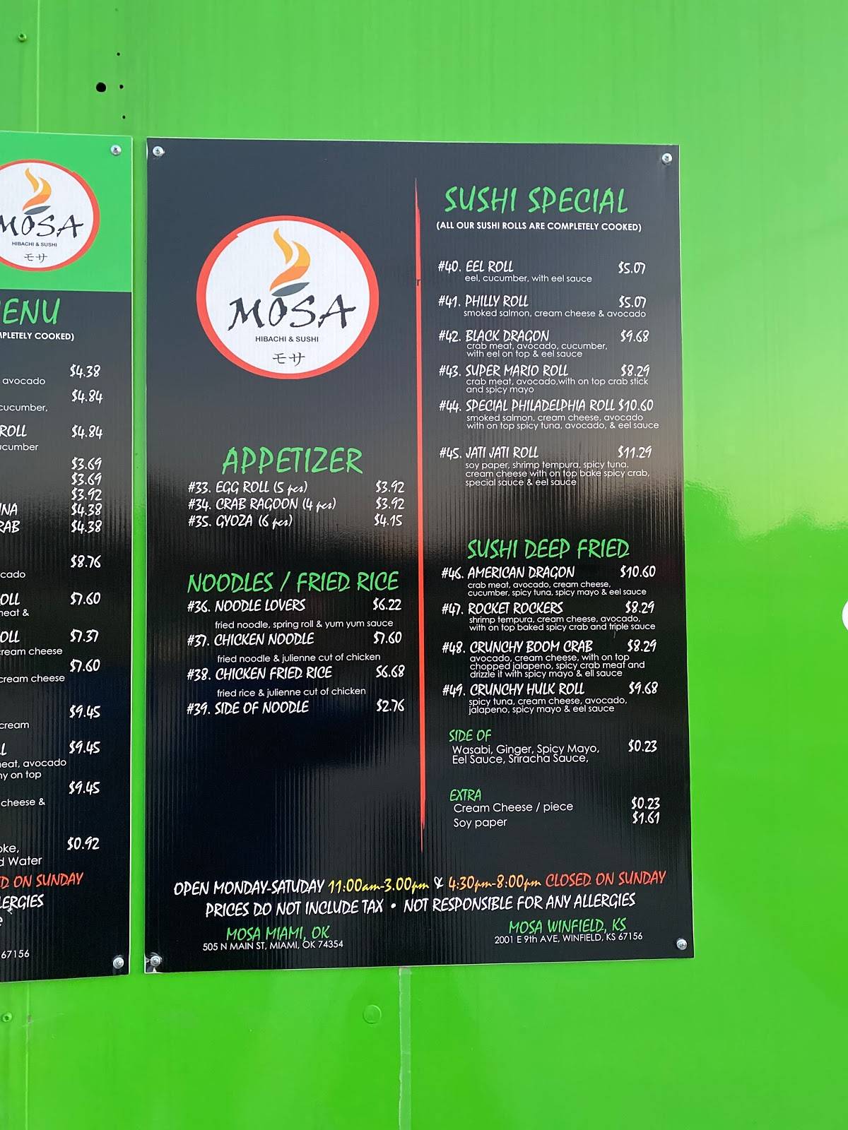 Menu at MOSA Hibachi & Sushi Japanese Express Winfield restaurant, Winfield