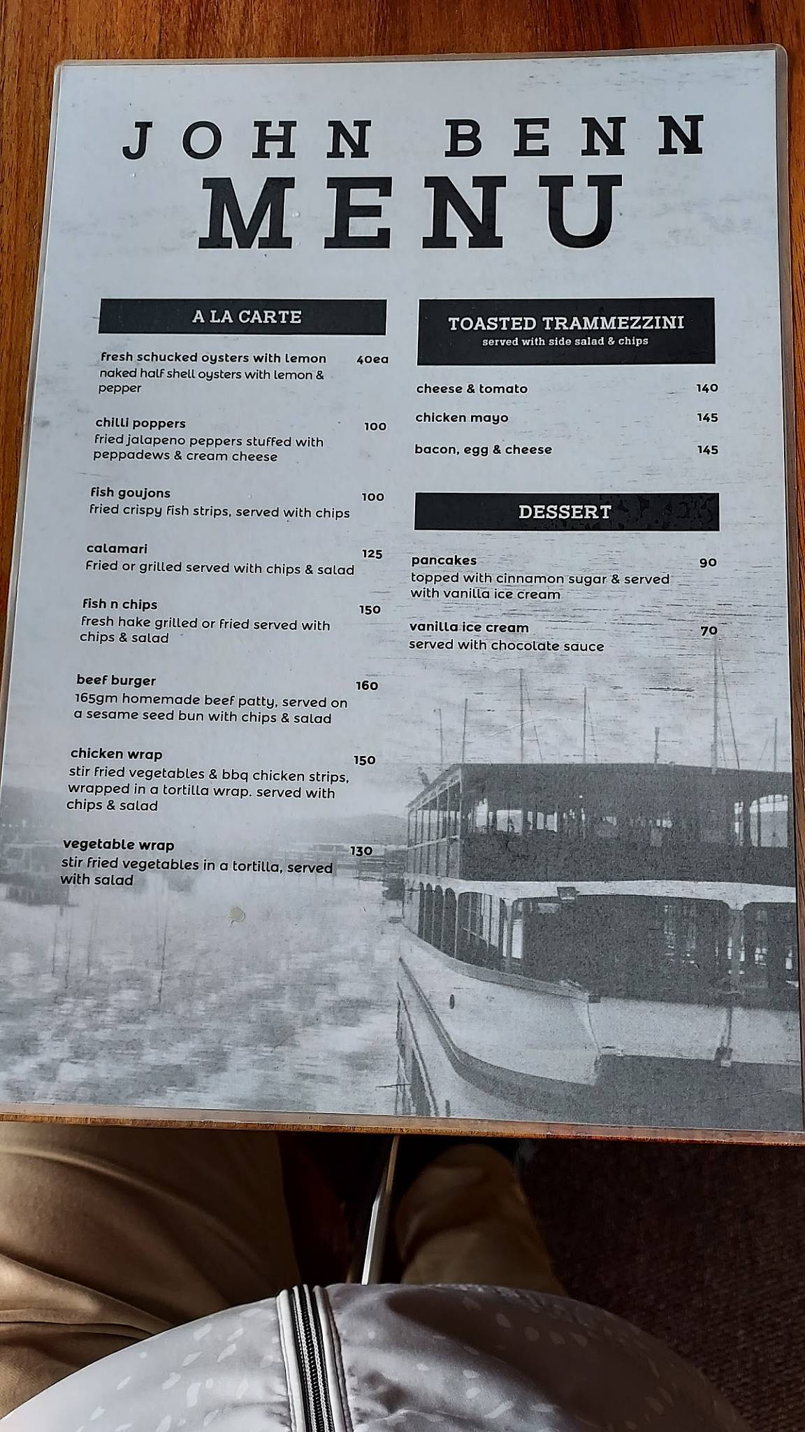 Menu at MV John Benn Cruise restaurant, Knysna