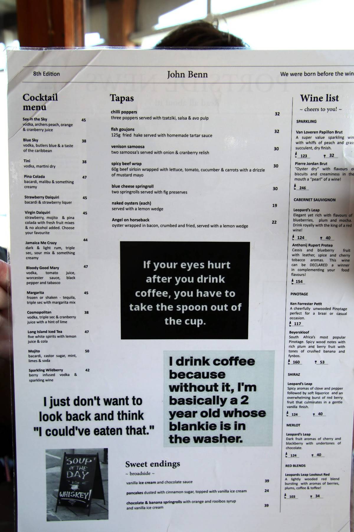 Menu at MV John Benn Cruise restaurant, Knysna