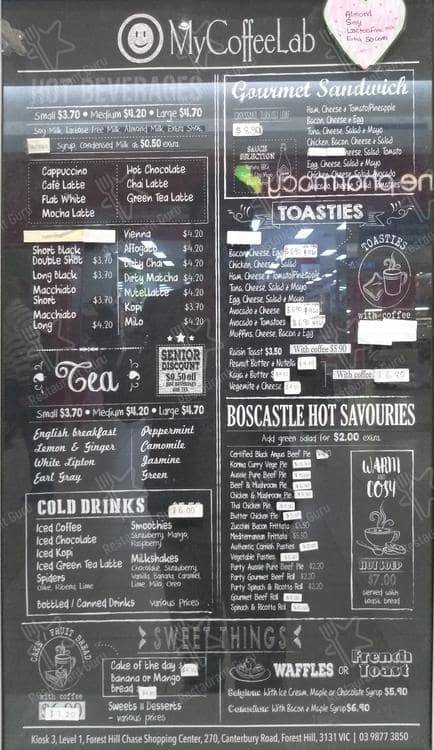 Menu at MY COFFEE LAB cafe, Forest Hill