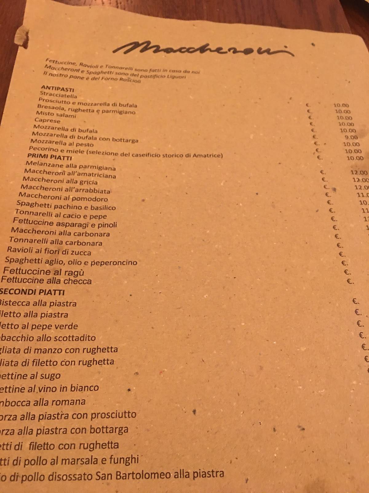 Menu at Maccheroni restaurant, Rome, Piazza delle Coppelle