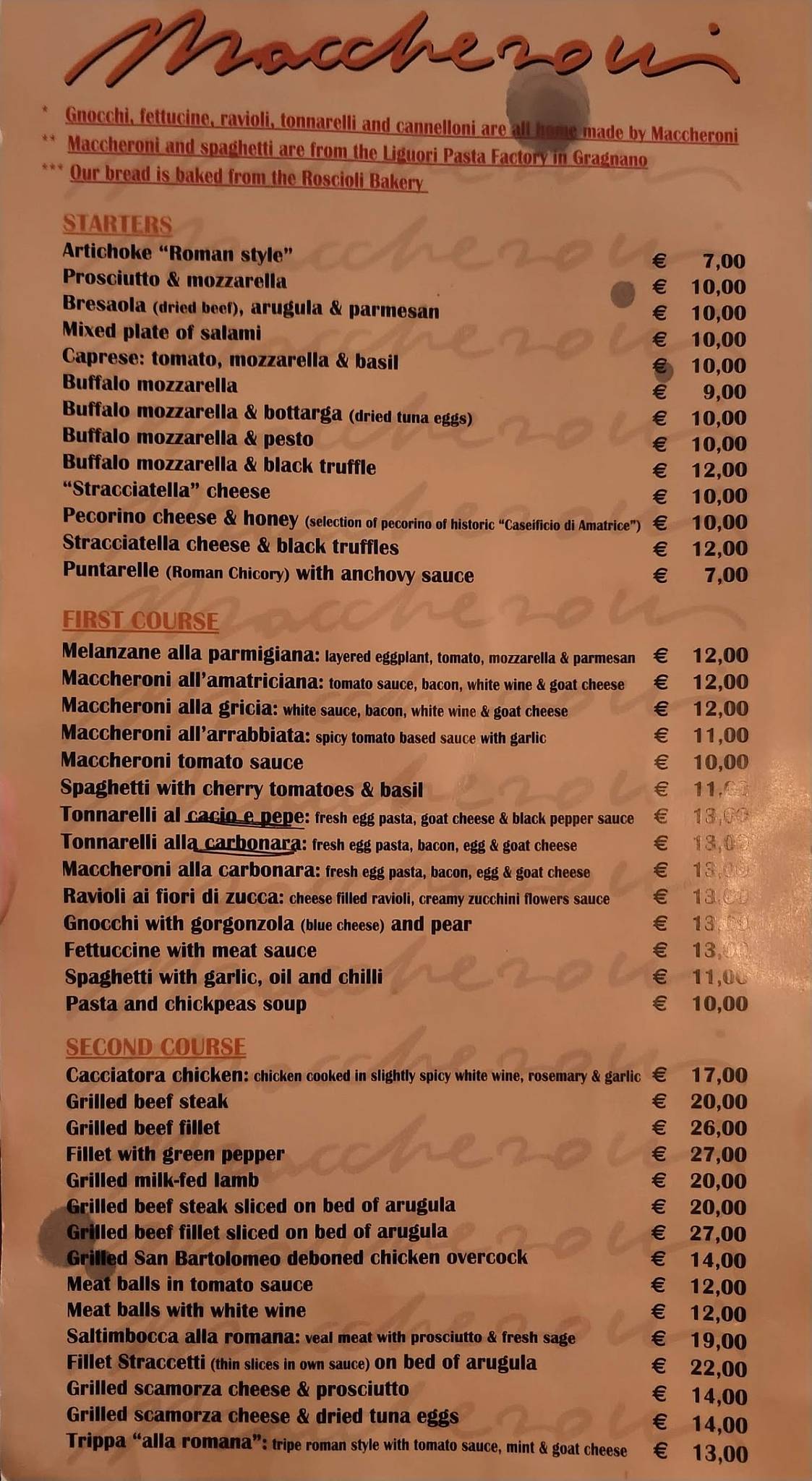 Menu at Maccheroni restaurant, Rome, Piazza delle Coppelle
