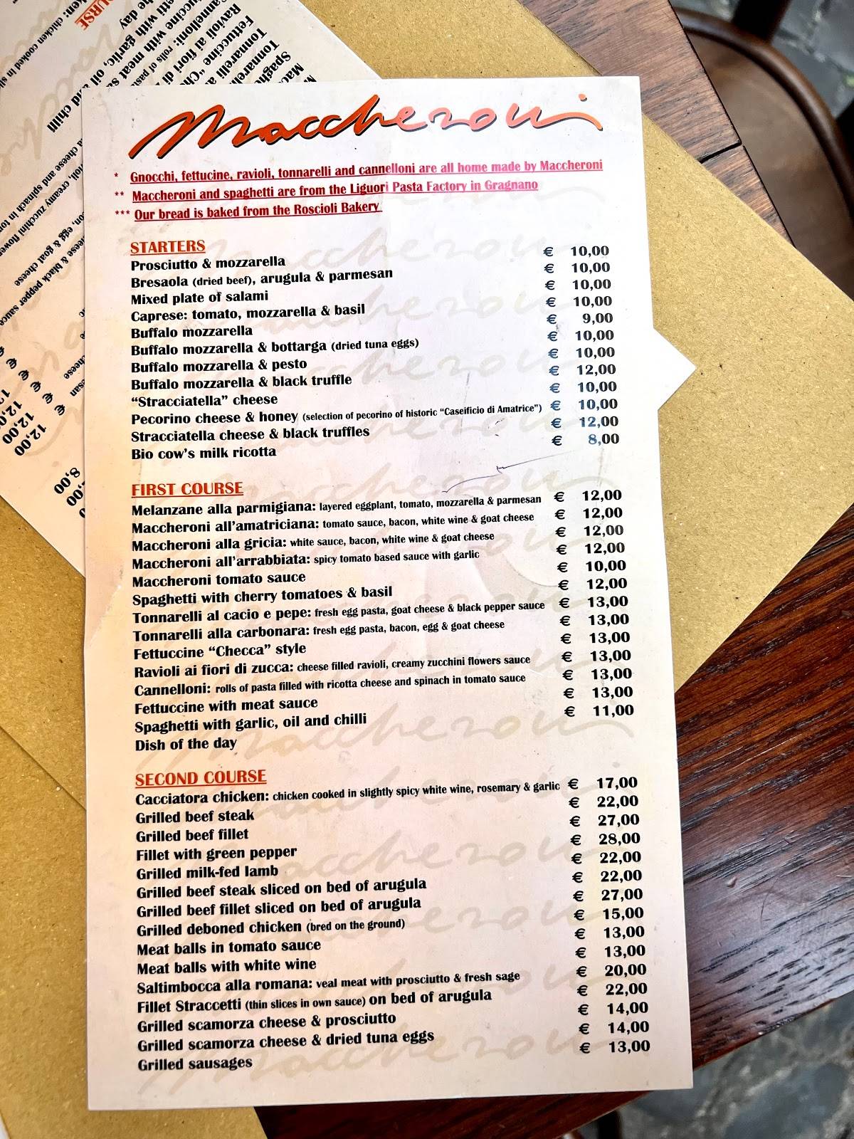 Menu at Maccheroni restaurant, Rome, Piazza delle Coppelle