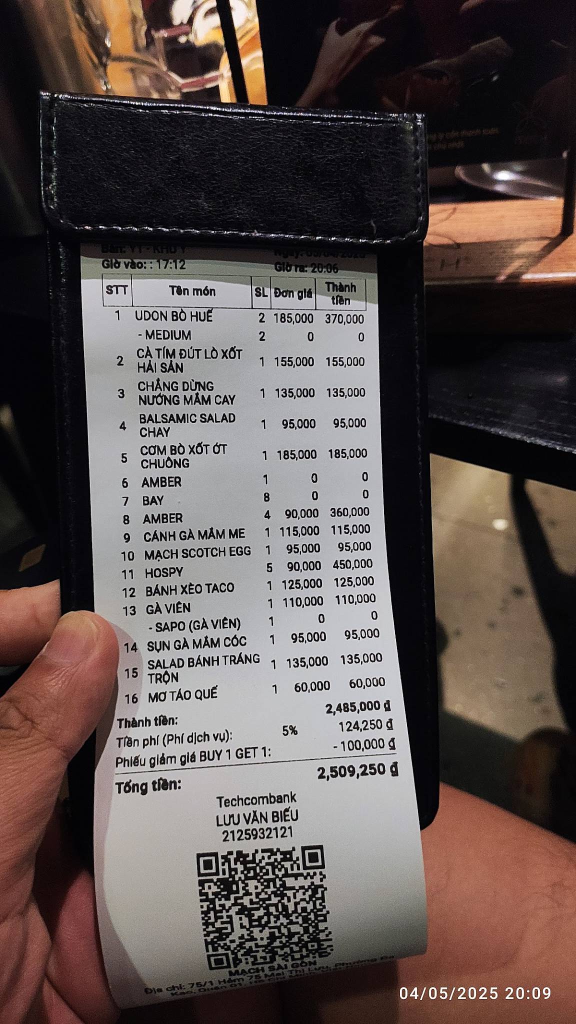 Menu at Mạch Saigon restaurant, Ho Chi Minh City