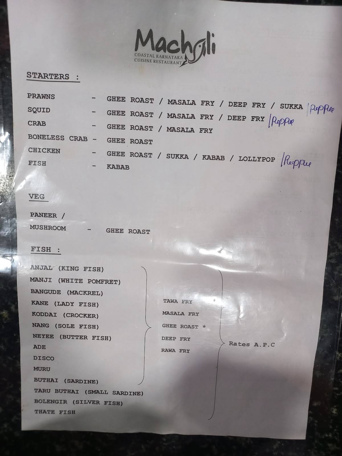 Menu at Machali, Mangaluru
