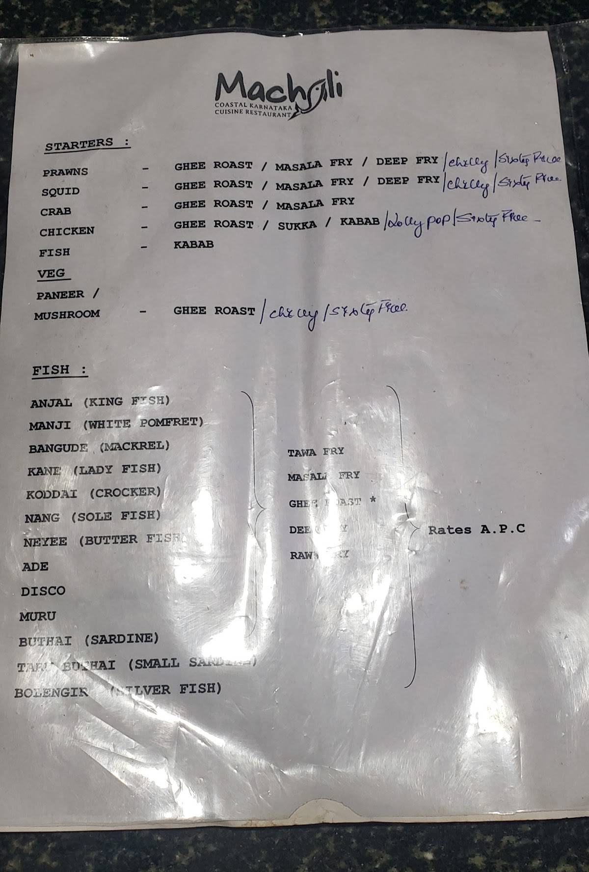 Menu at Machali, Mangaluru