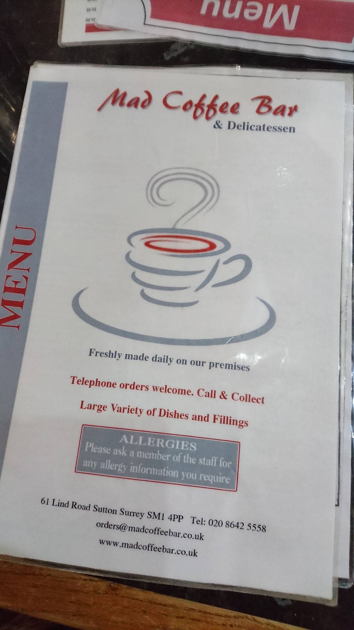 Carta de Mad Coffee Bar, Sutton