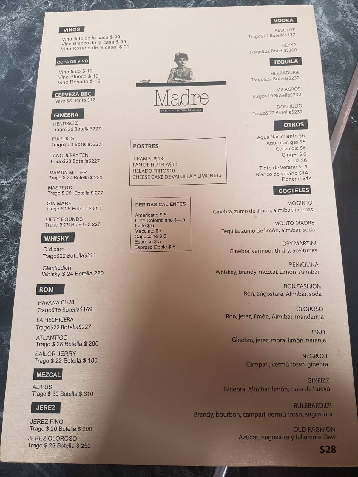 Carta de Restaurante Madre, Bogotá