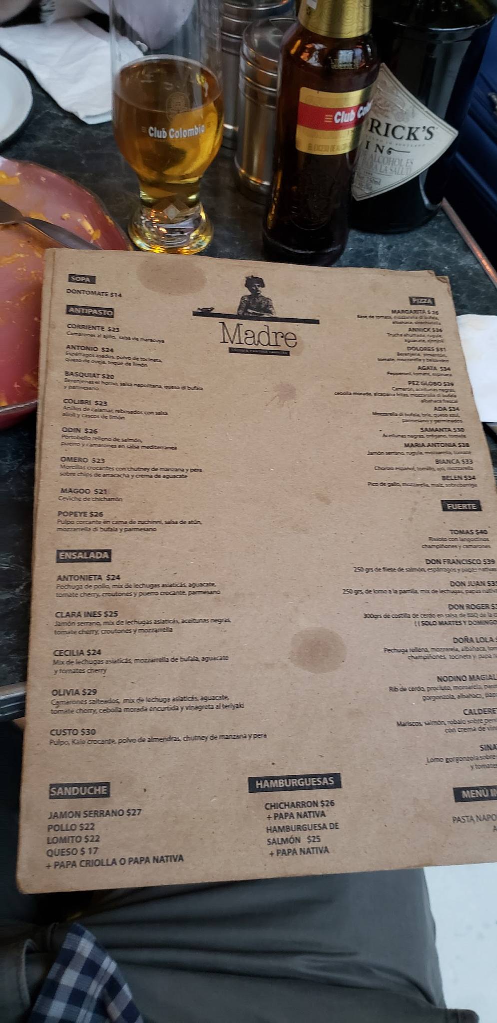 Carta de Restaurante Madre, Bogotá