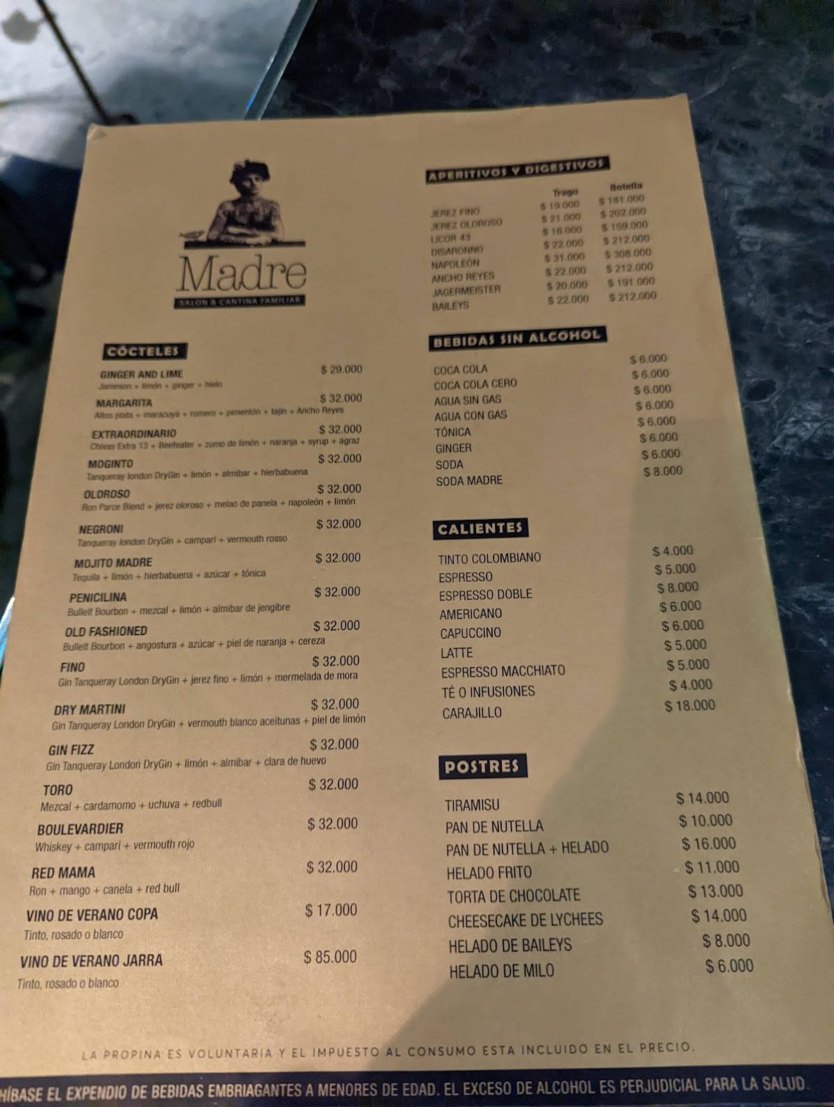 Carta de Restaurante Madre, Bogotá