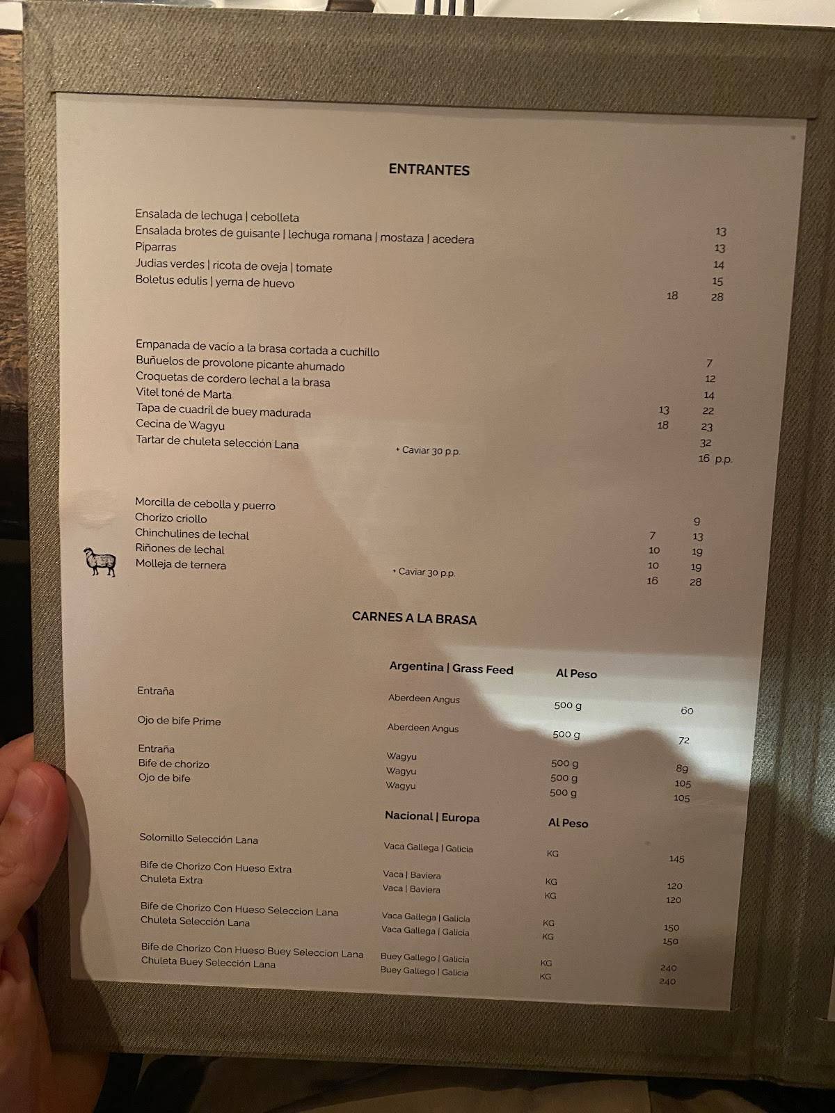 Carta de Restaurante Lana, Madrid