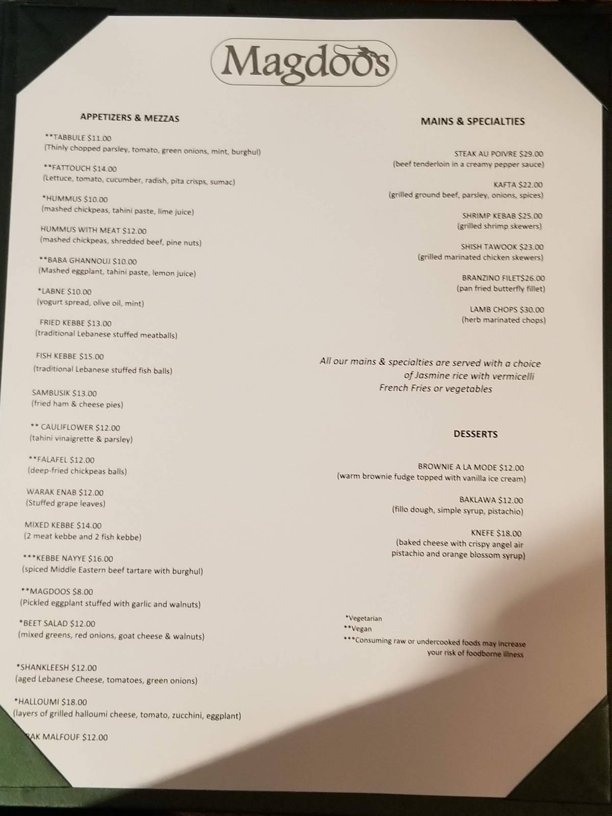 Menu at Magdoos restaurant, Miami