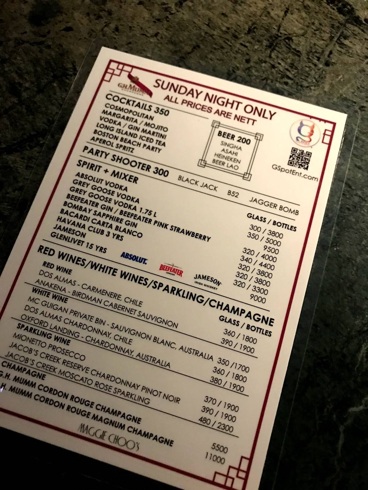 Menu at Maggie Choo's club, Bangkok