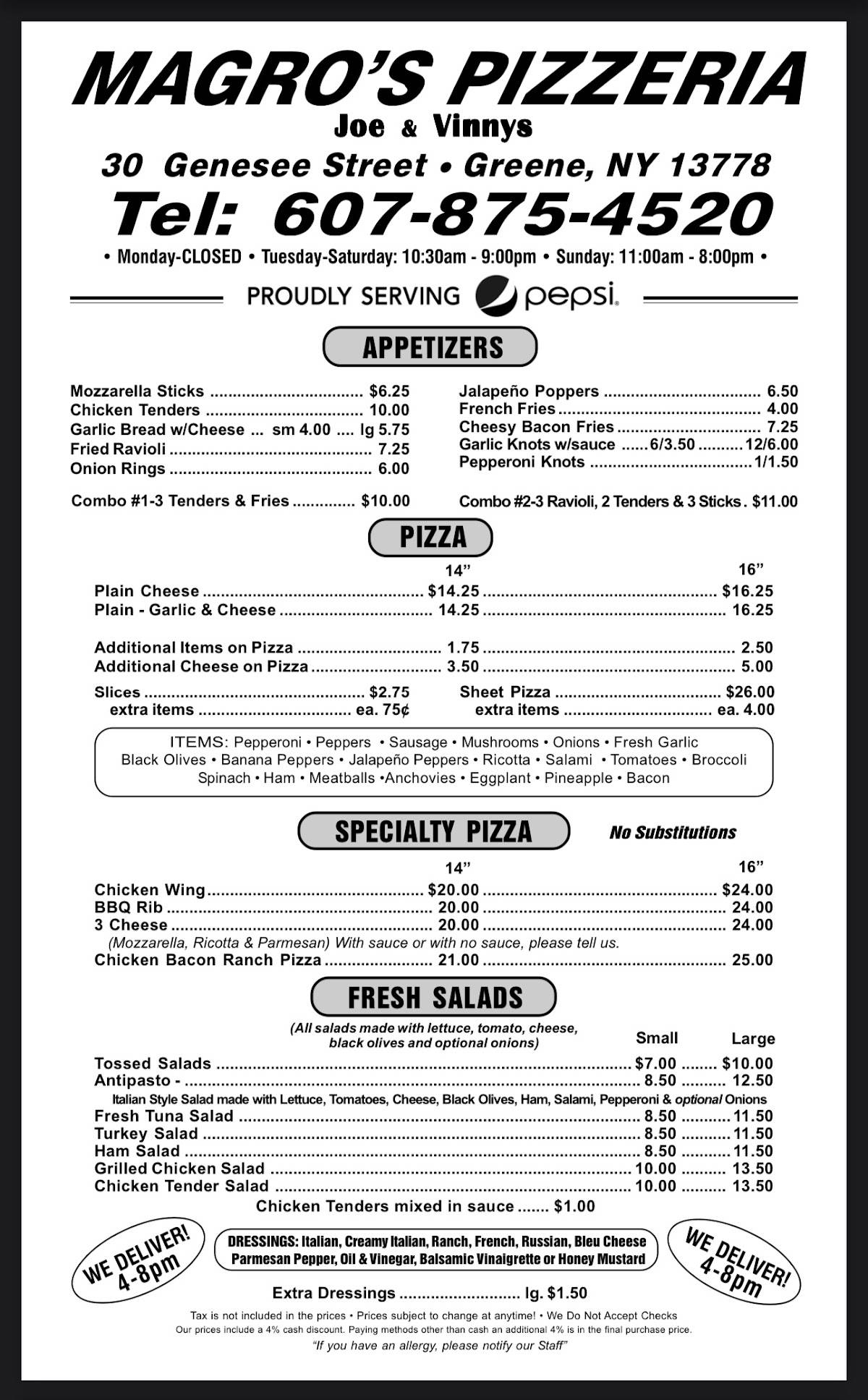 Menu at Magro's - Greene restaurant, Greene