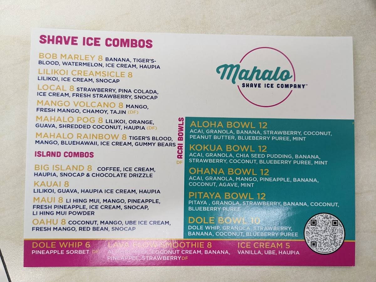Menu at Mahalo Shave Ice Co restaurant, San Diego