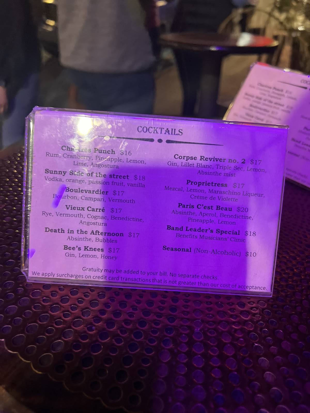 Menu at Mahogany Jazz Hall pub & bar, New Orleans