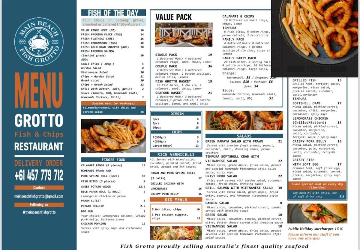Menu at Main Beach Fish Grotto restaurant, Main Beach