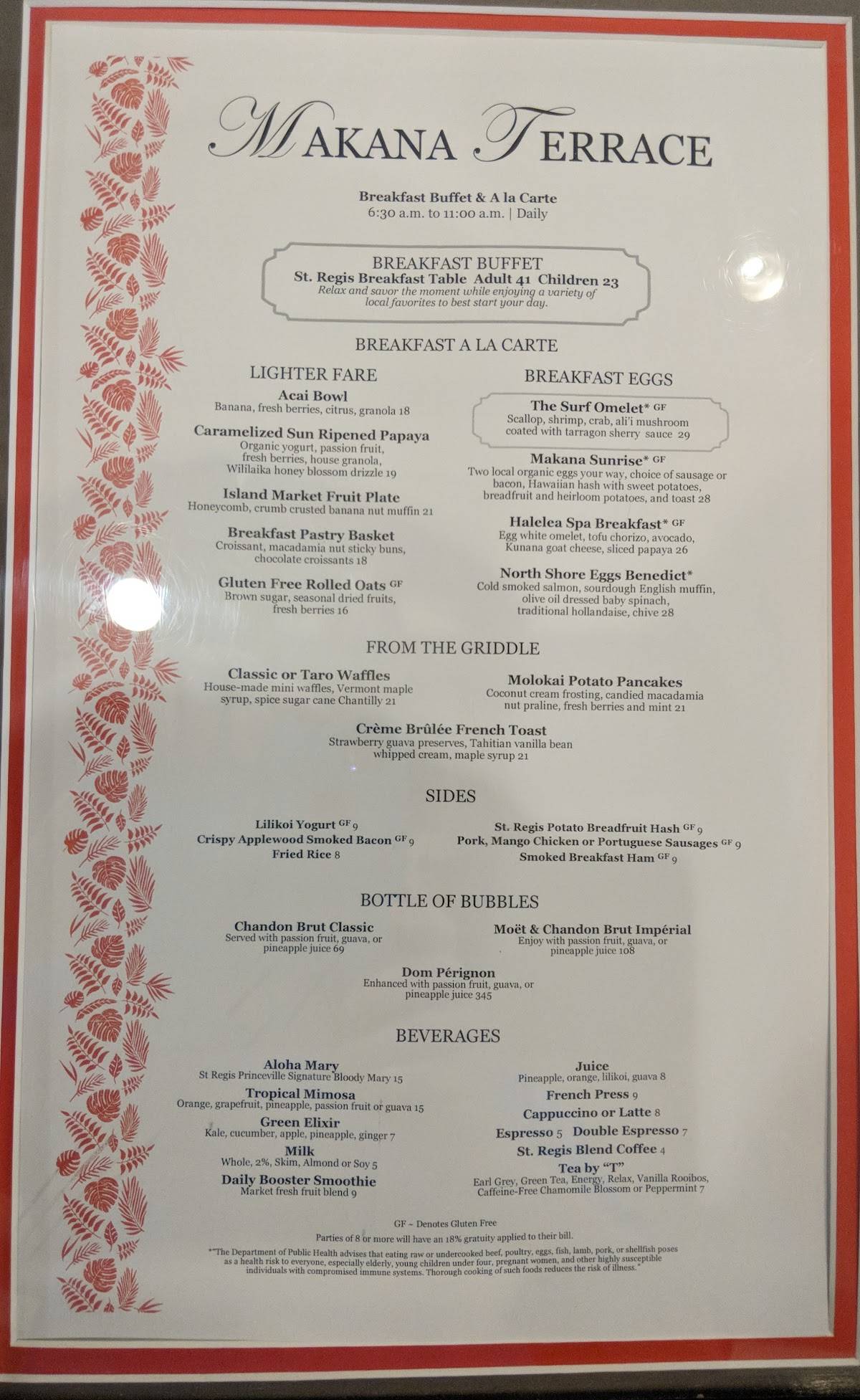 Menu at Makana Terrace restaurant, Princeville, Ka Haku Rd 8th Floor