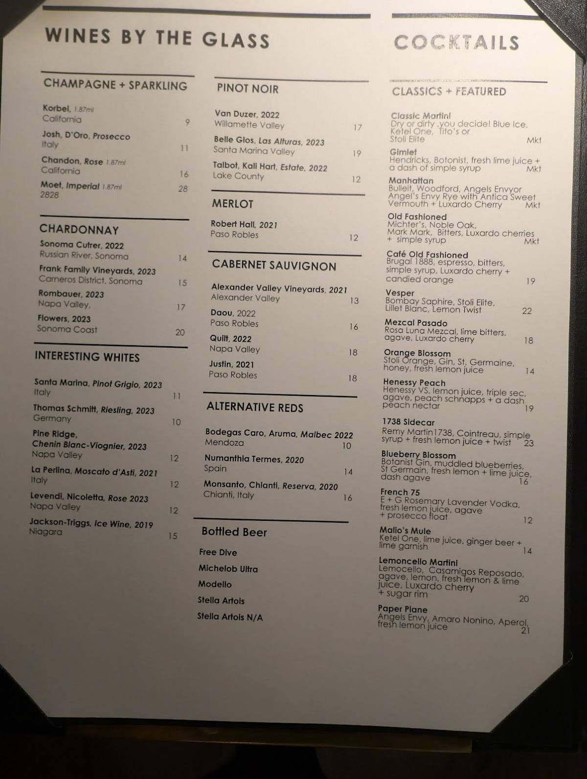 Menu at Malio's Beach House restaurant, Saint Pete Beach