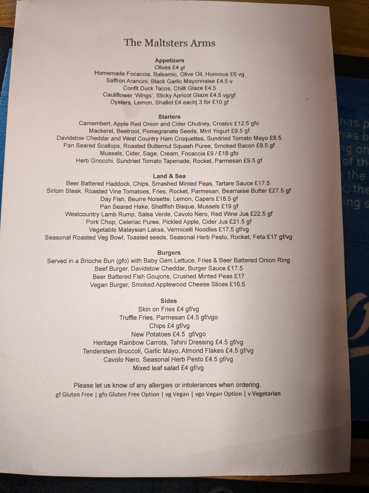 Menu at Maltsters Arms pub & bar, Wadebridge