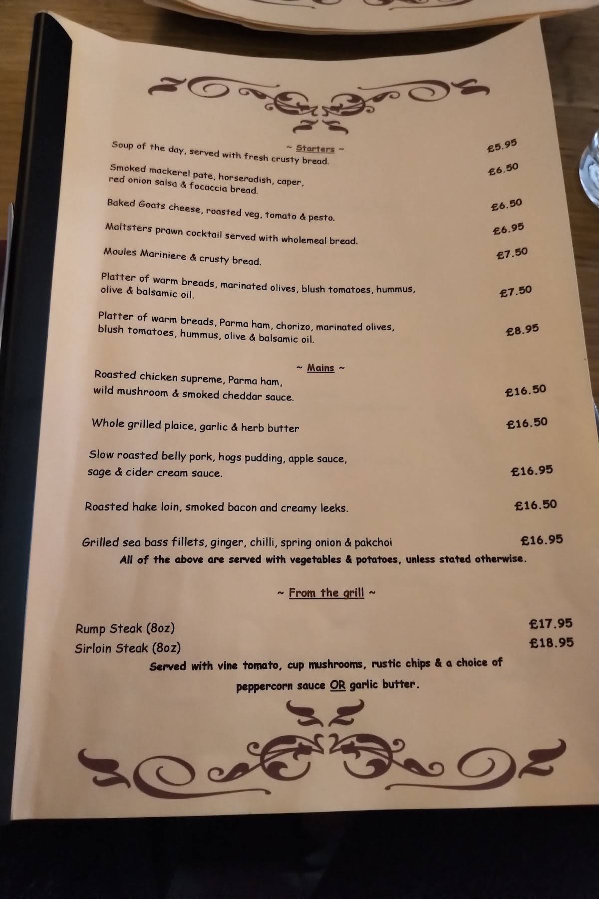 Menu at Maltsters Arms pub & bar, Wadebridge