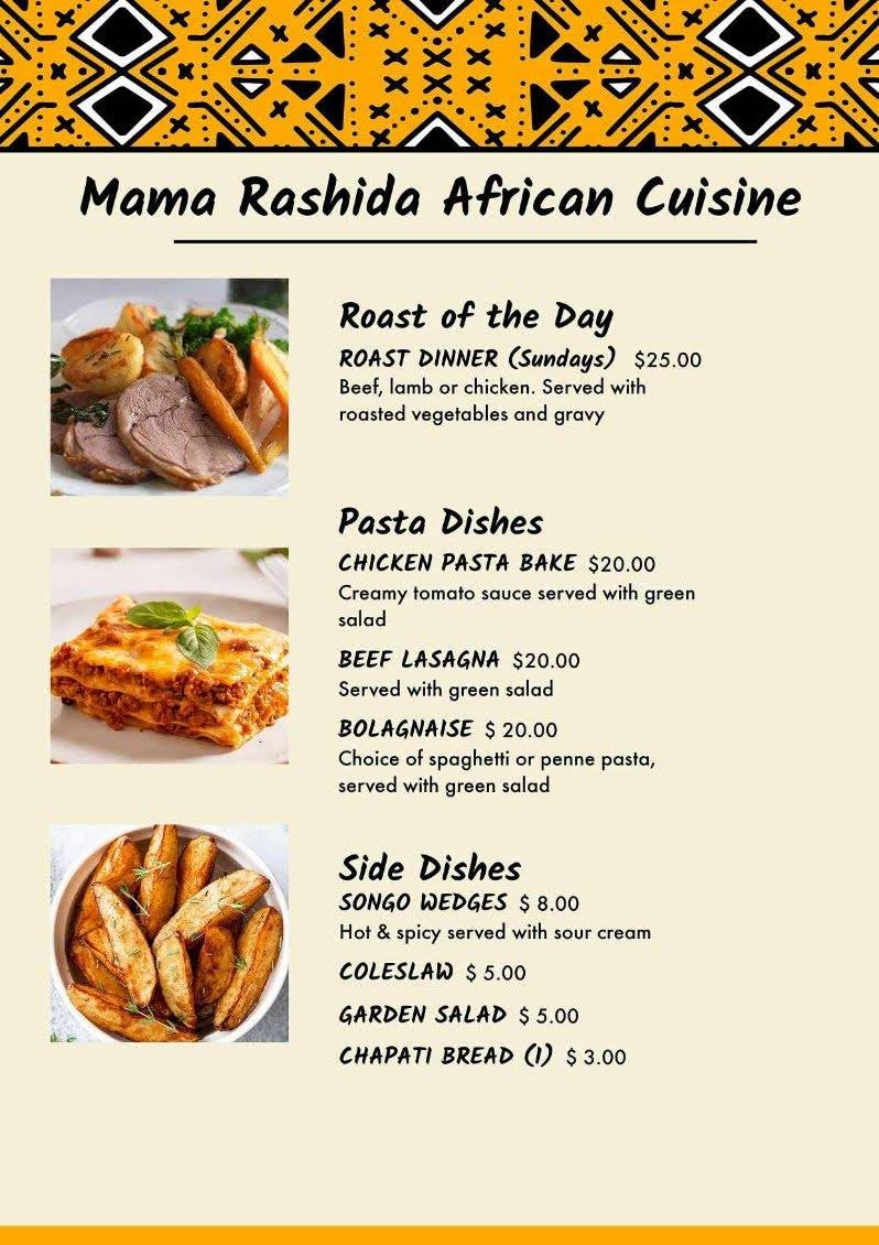 Menu at Mama Rashida's African Cuisine restaurant, Smithfield Plains