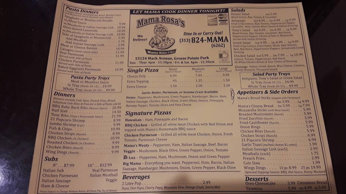 Menu at Mama Rosa's Pizzeria, Grosse Pointe Park