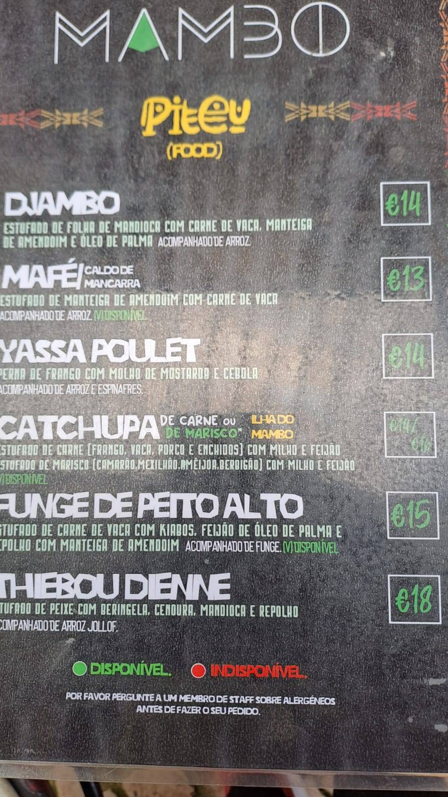 Menu em Mambo restaurante, Lisboa