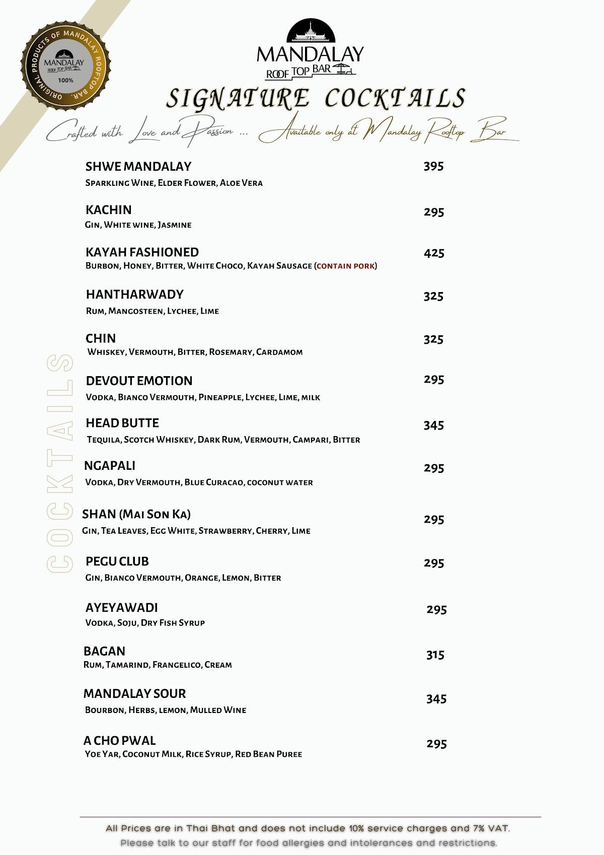 Menu at Mandalay Rooftop Bar, Bangkok