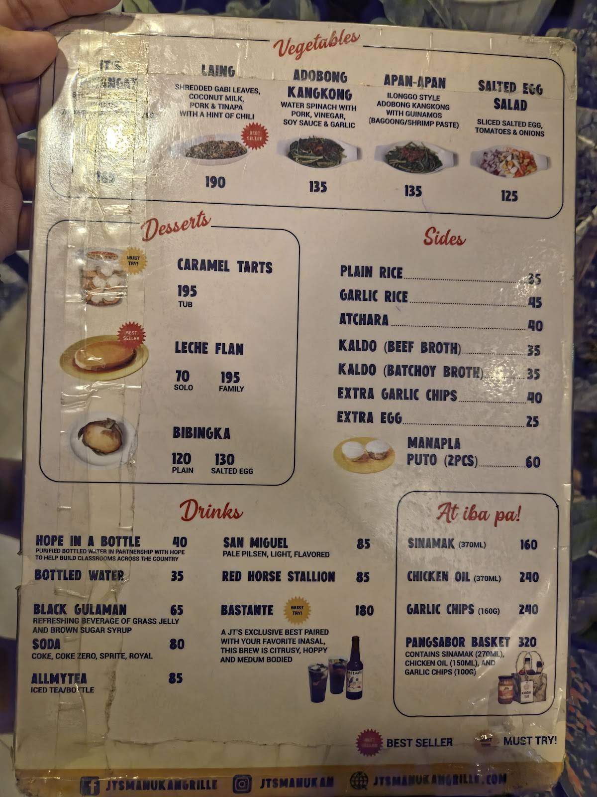 Menu at JT’s Manukan Grille Pioneer restaurant, Mandaluyong