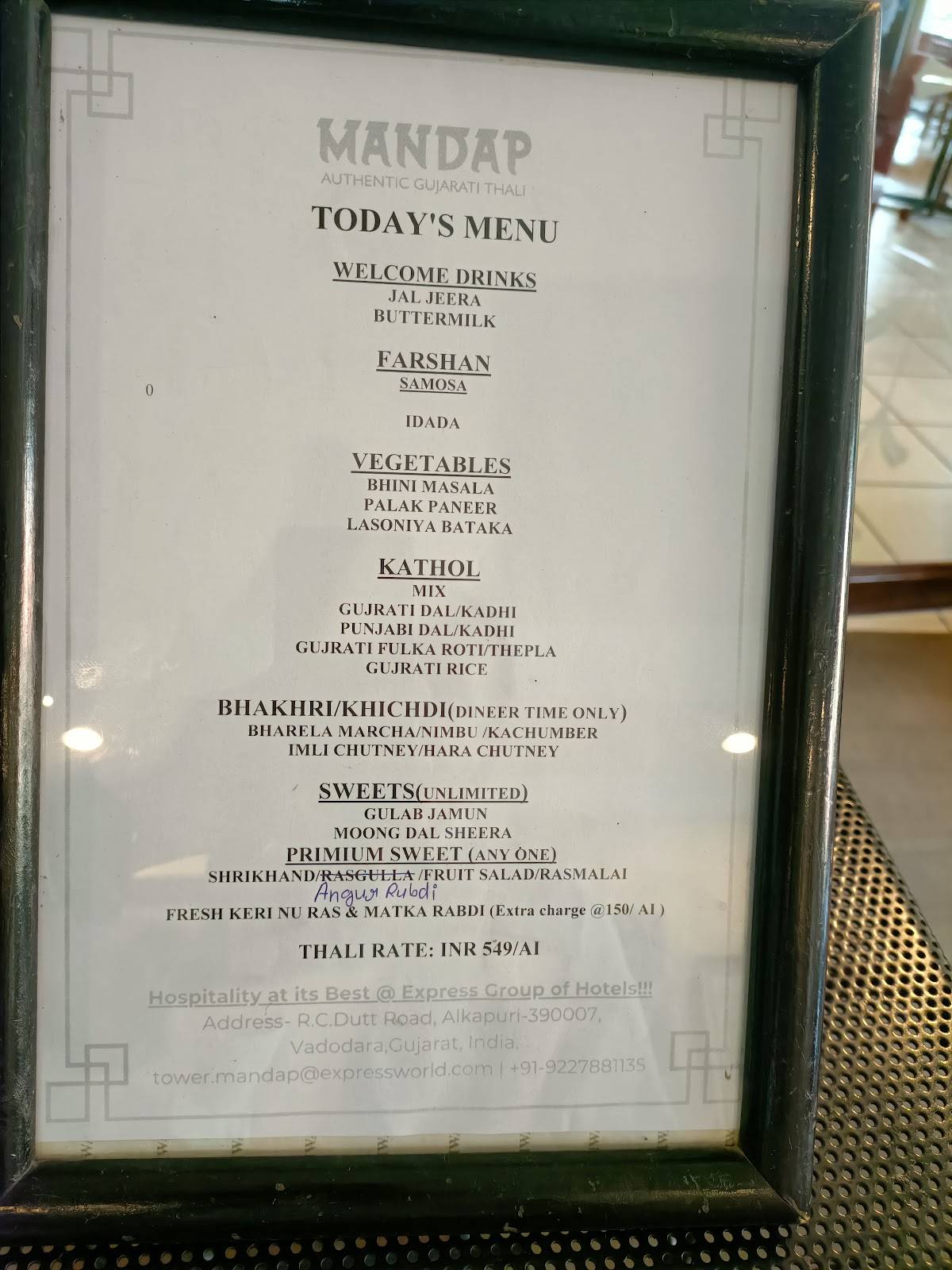 Menu at Mandap The Authentic Gujarati Thali Restaurant, Vadodara, RC ...