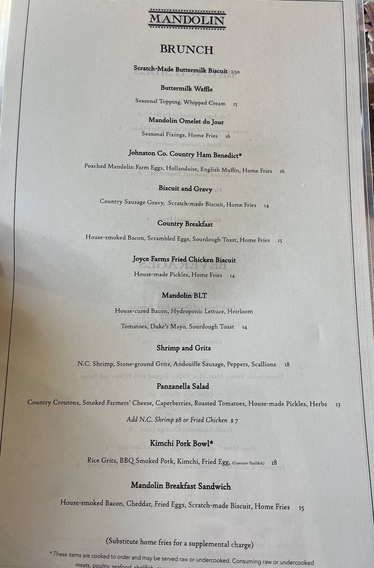 Menu at Mandolin restaurant, Raleigh