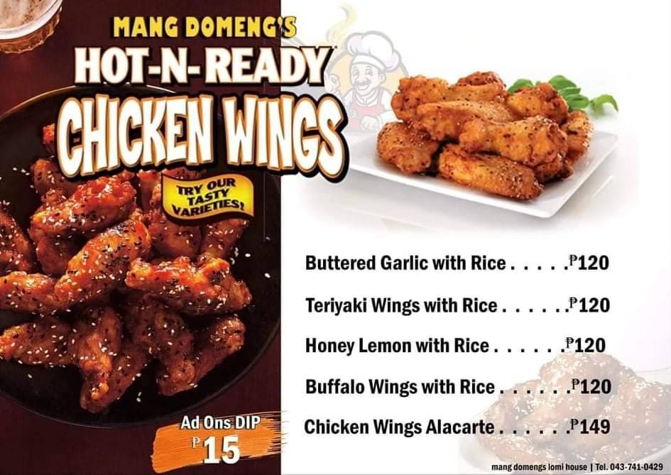 Menu at Mang Domeng's Lomi House restaurant, Lipa