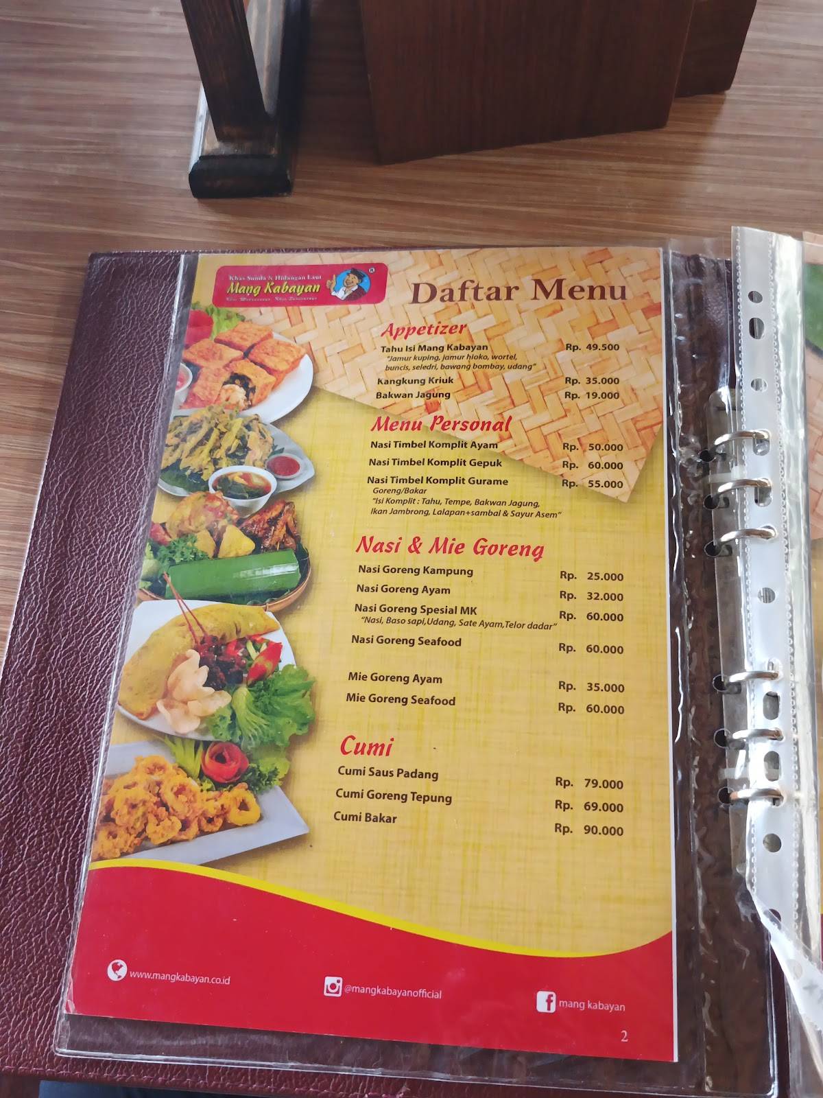 Menu at Mang Kabayan restaurant, Bekasi Regency, Perumahan vida bekasi