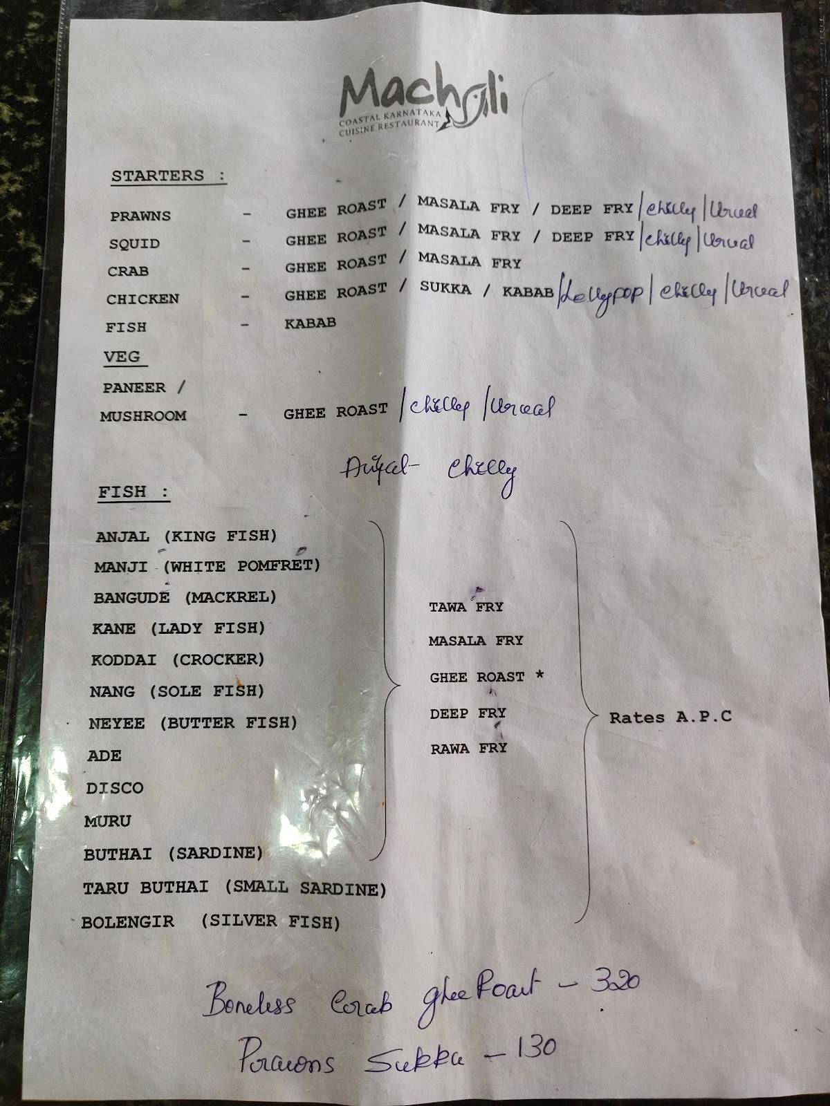 Menu at Machali, Mangaluru