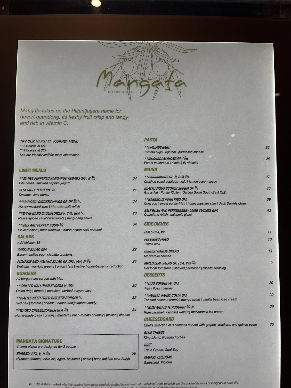 Menu at Mangata Bistro & Bar, Yulara