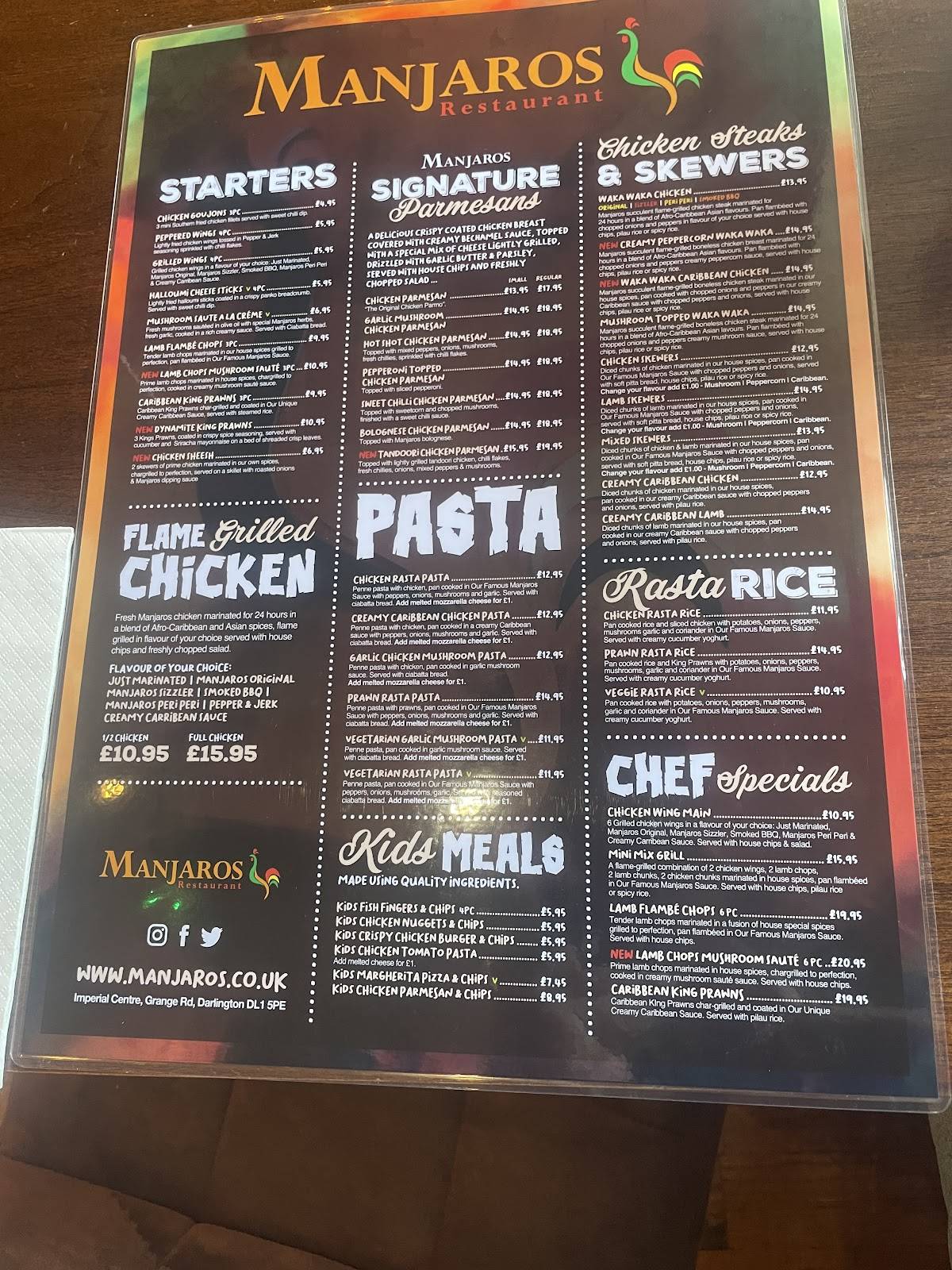 Menu at Manjaros Restaurant Darlington, Darlington