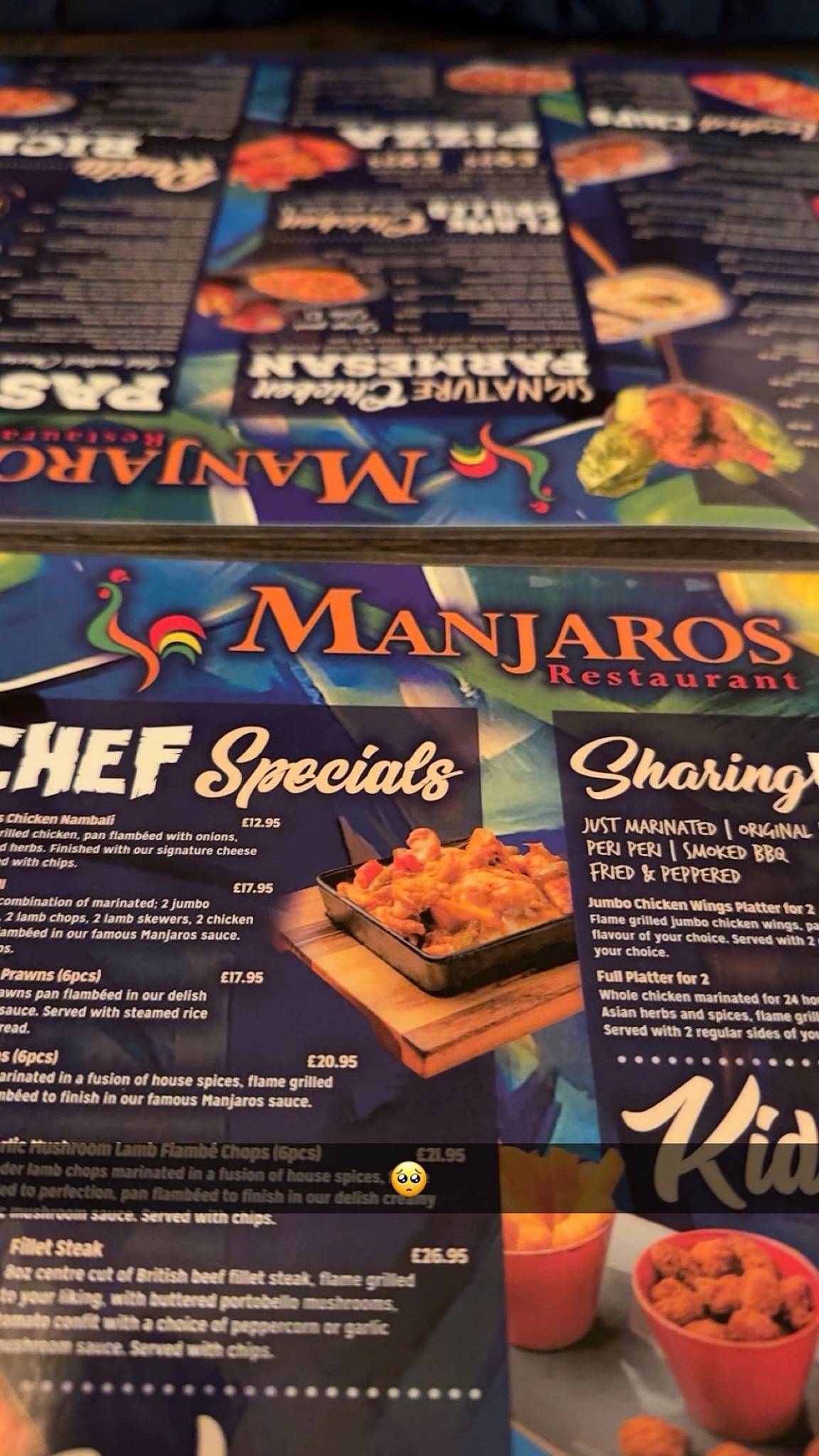 Menu at Manjaros restaurant, London